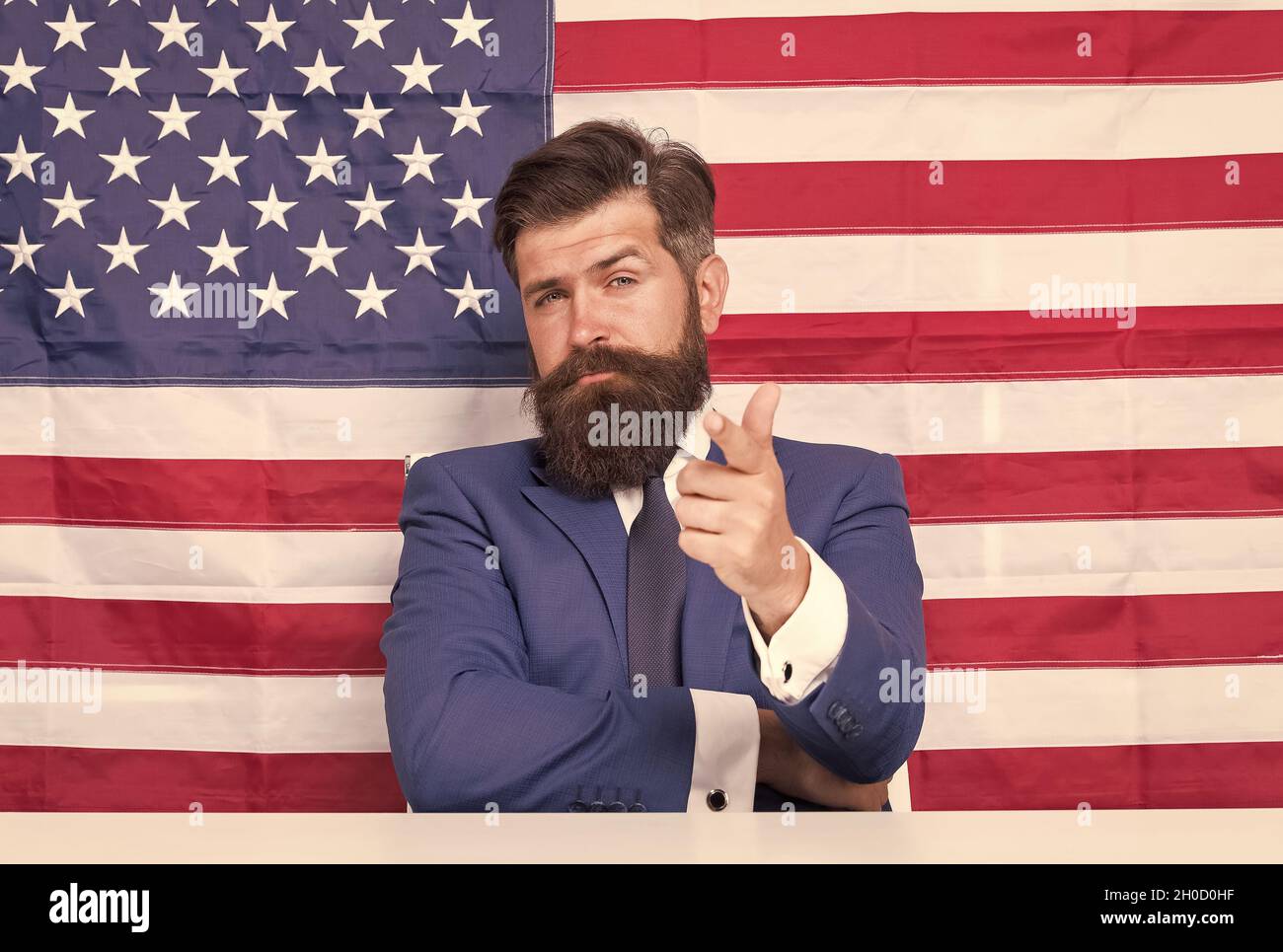 You ready. Publicity agent point finger american flag background ...
