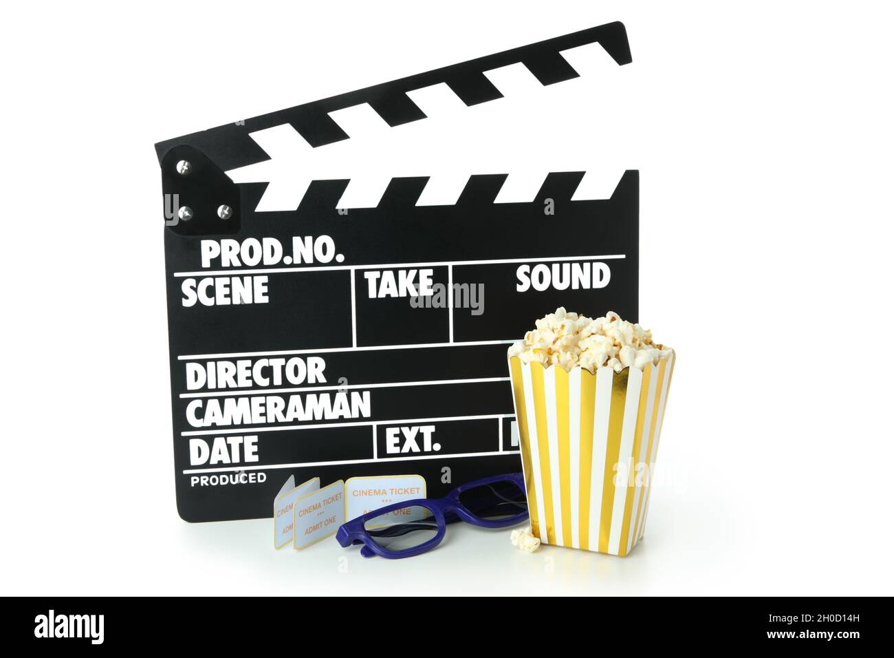 Different cinema accessories isolated on white background Stock Photo ...