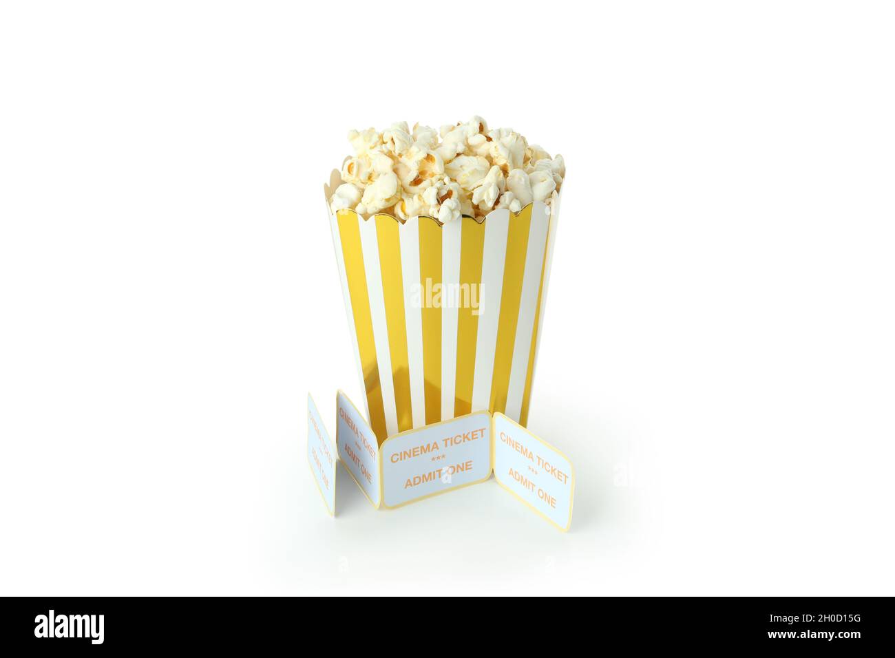 Paper box with popcorn, and tickets isolated on white background Stock ...