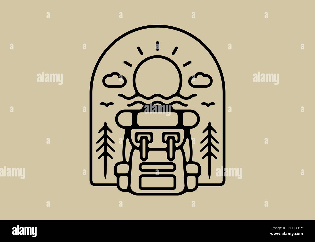 Black line art illustration of backpack and sun design Stock Vector ...