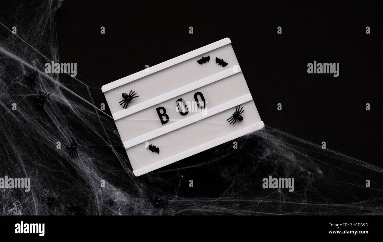 White board for text with the word BOO bats and spiders in a spider's ...