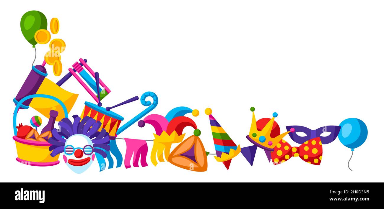 Happy Purim Jewish holiday frame. Background with traditional symbols ...