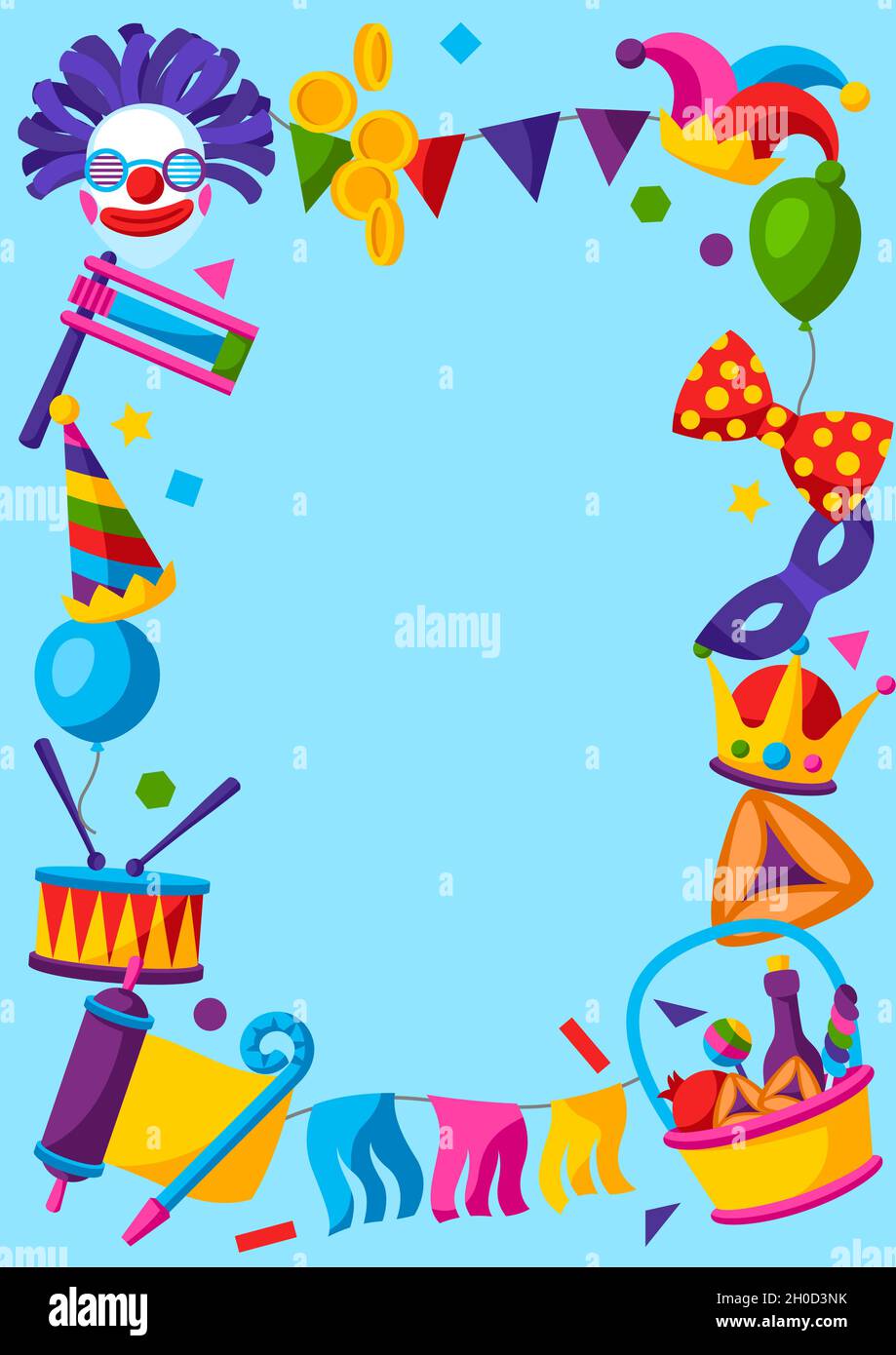 Happy Purim Jewish holiday frame. Background with traditional symbols ...