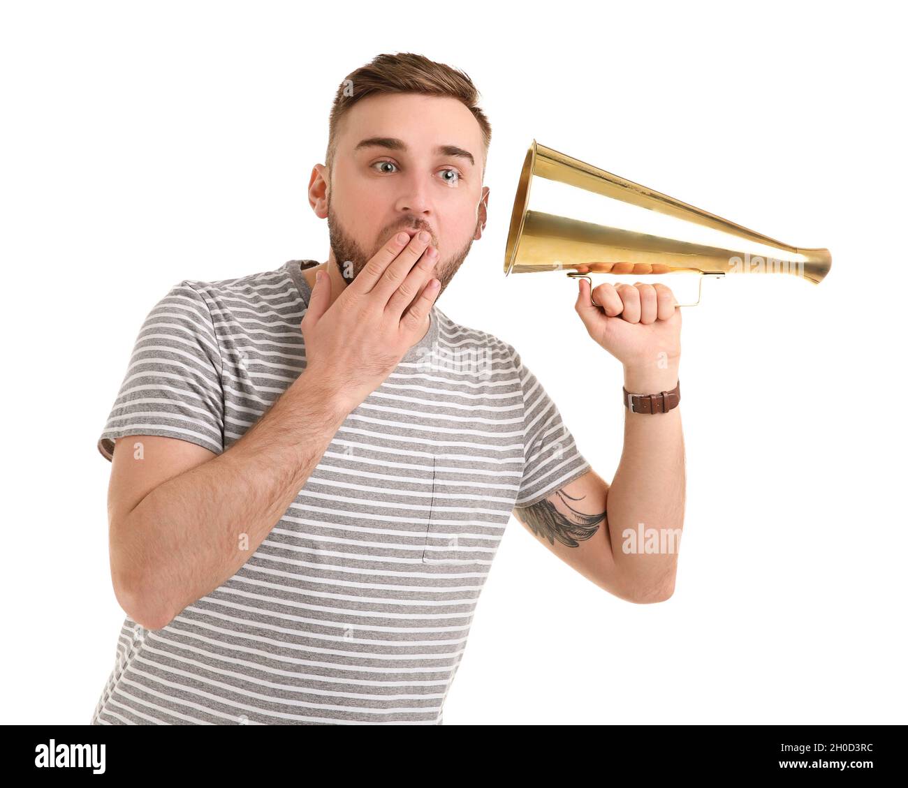 Young man with megaphone on white background Stock Photo - Alamy