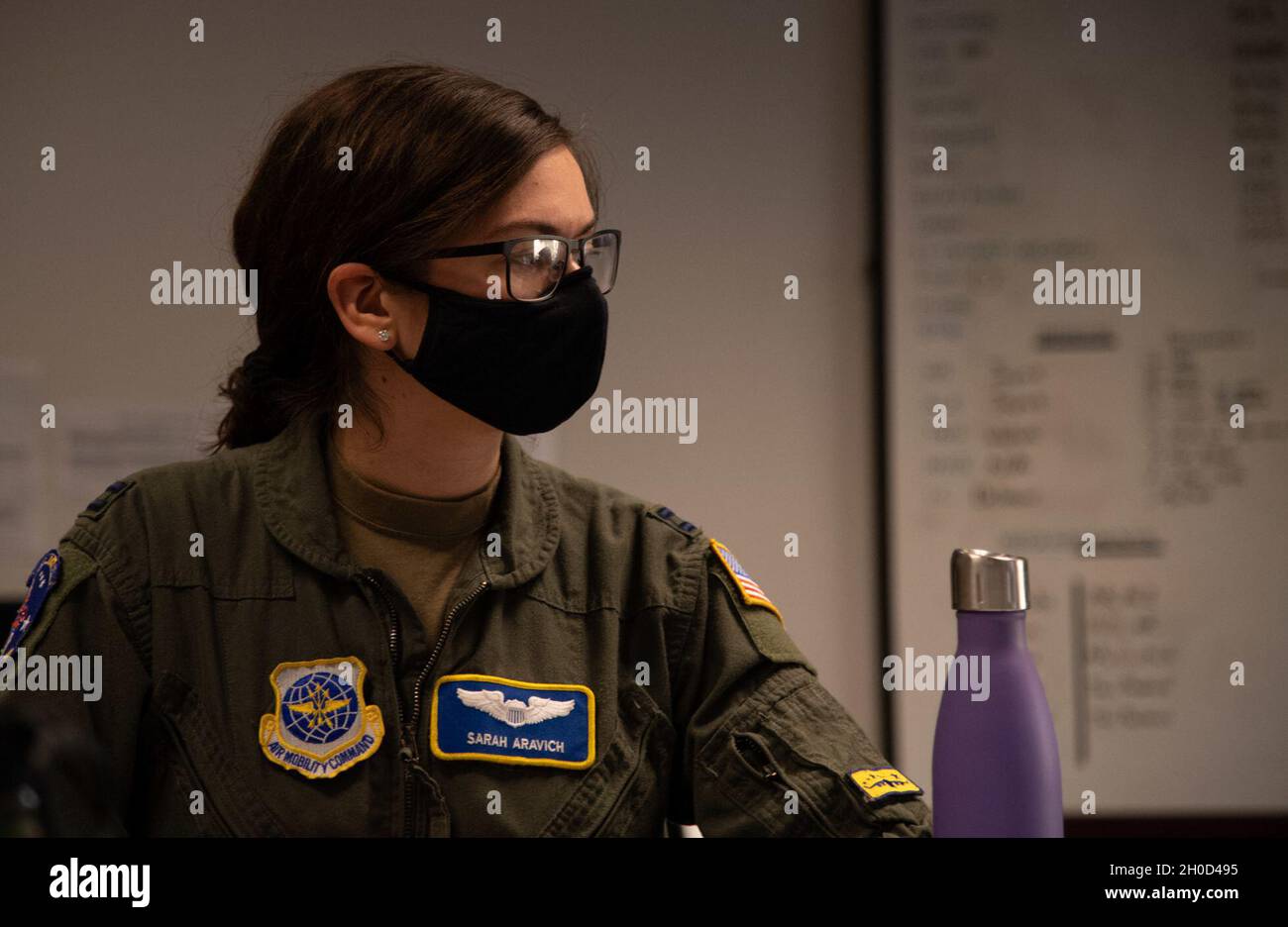 Capt. Sarah Aravich, 3rd Airlift Squadron pilot, attends a mission ...