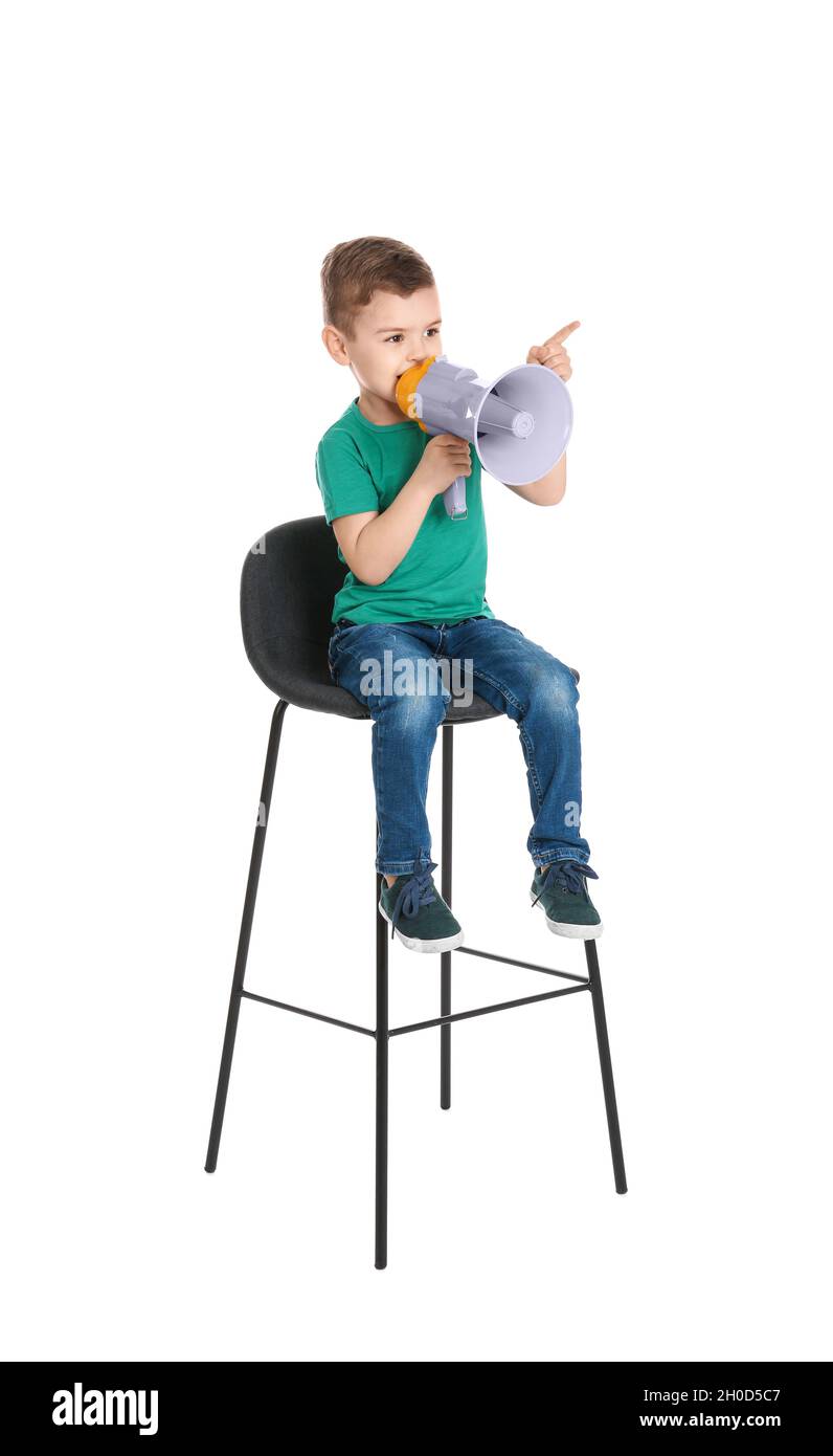 Adorable little boy with megaphone on white background Stock Photo - Alamy