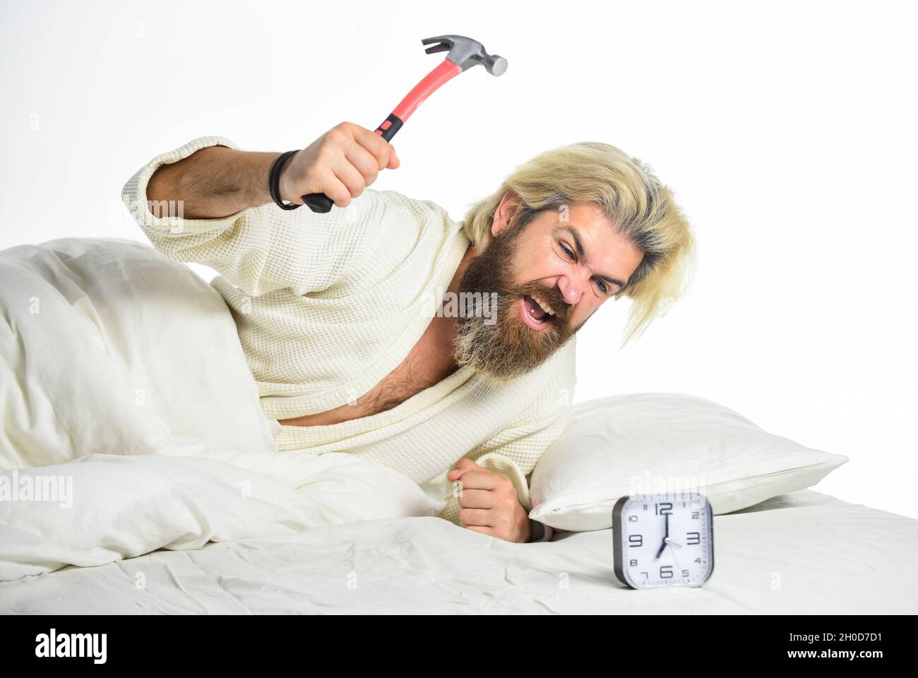 Tired man in the bed not happy. suffering insomnia and sleep disorder ...