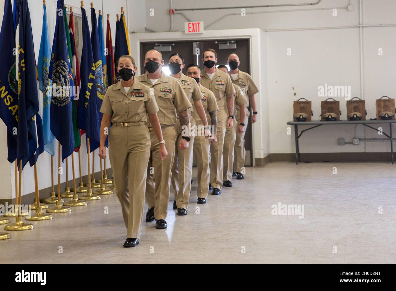 U.S. Navy Sailors march in formation during a Chief Petty Officer ...
