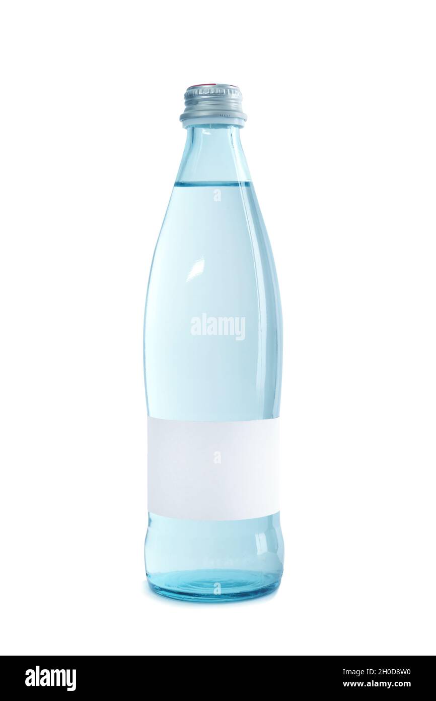 Glass bottle of pure water with blank tag on white background Stock ...