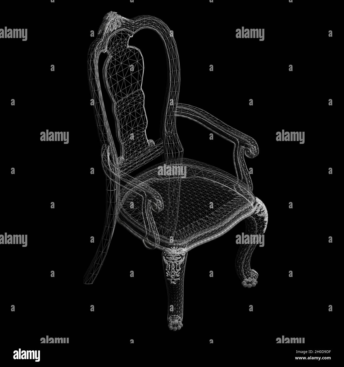 Wireframe of a decorative chair from white lines isolated on a dark ...