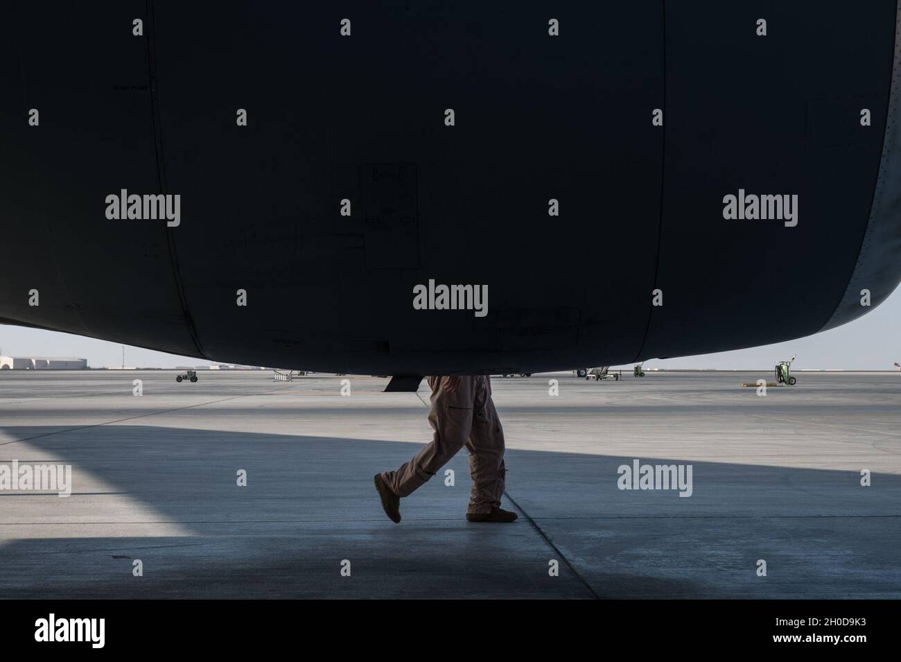 A U.S. Air Force KC-10 Extender flight engineer conducts a pre-flight ...