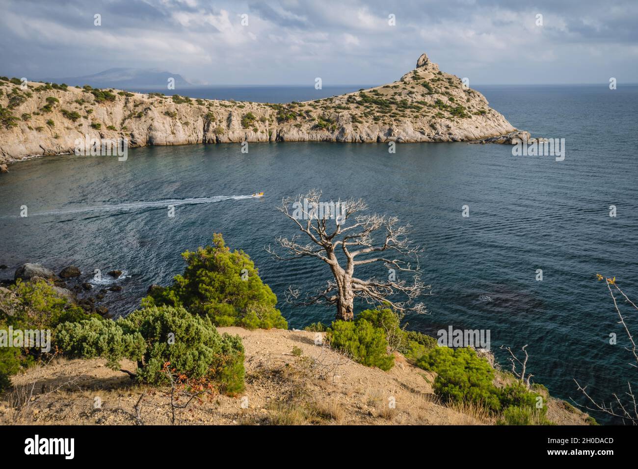 Panorama of cape Kapchik near coastline of Black Sea. Shape of mountain ...