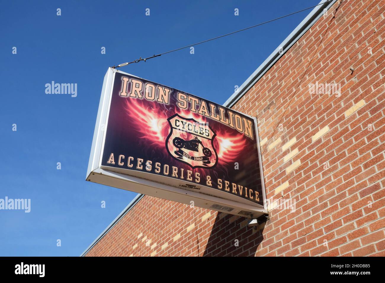VALLEY CITY, NORTH DAKOTA - 2 OCT 2021: Sign at Iron Stallion Cycles, a ...