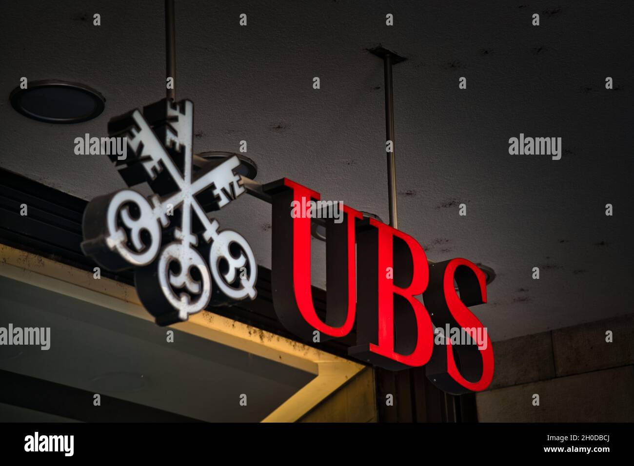 ZURICH, SWITZERLAND - Sep 18, 2021: A close-up shot of Bank UBS ...