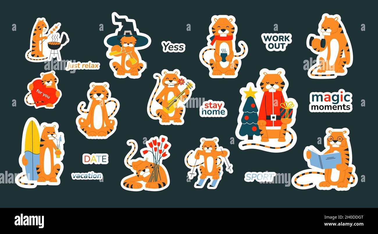 Planner stickers with cute tigers. New Year 2022. Vector flat ...