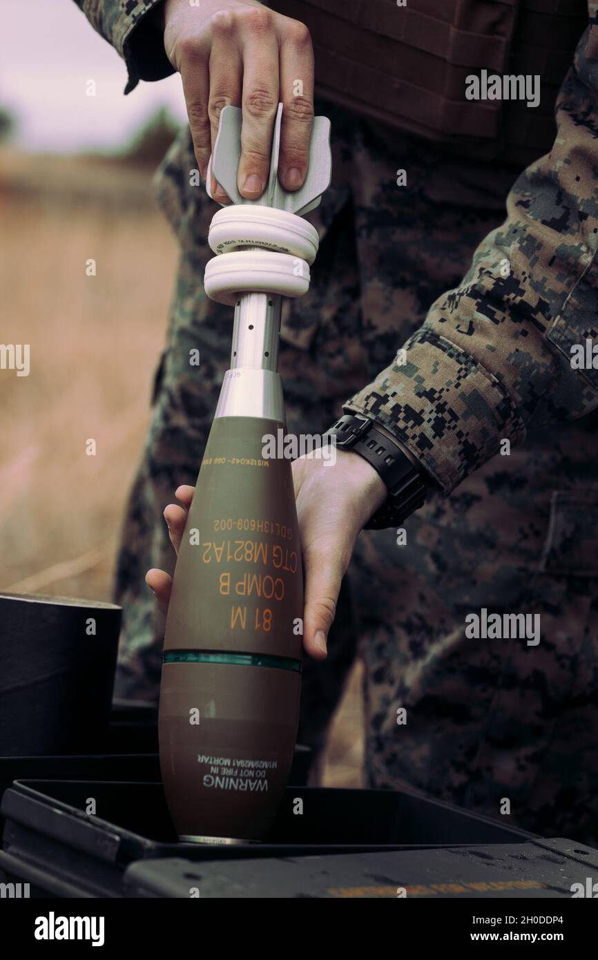 A U.S. Marine with 3rd Battalion, 2nd Marines loads a 81 mm mortar ...