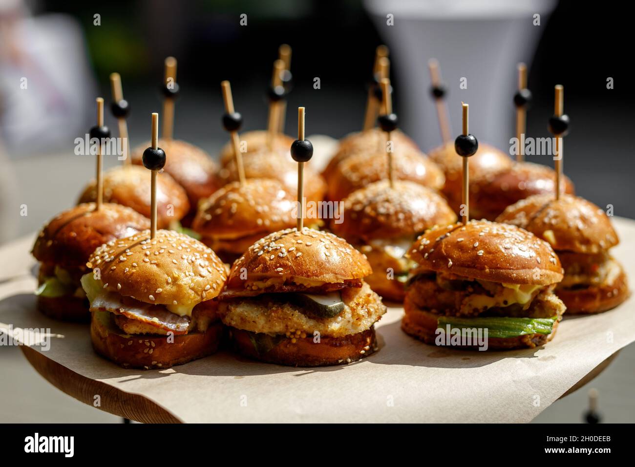Close up of mini hamburgers at catering event Stock Photo - Alamy