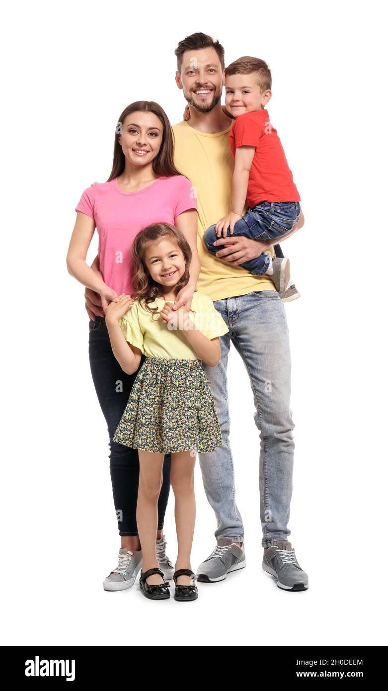 Full length portrait of happy family with children on white background ...