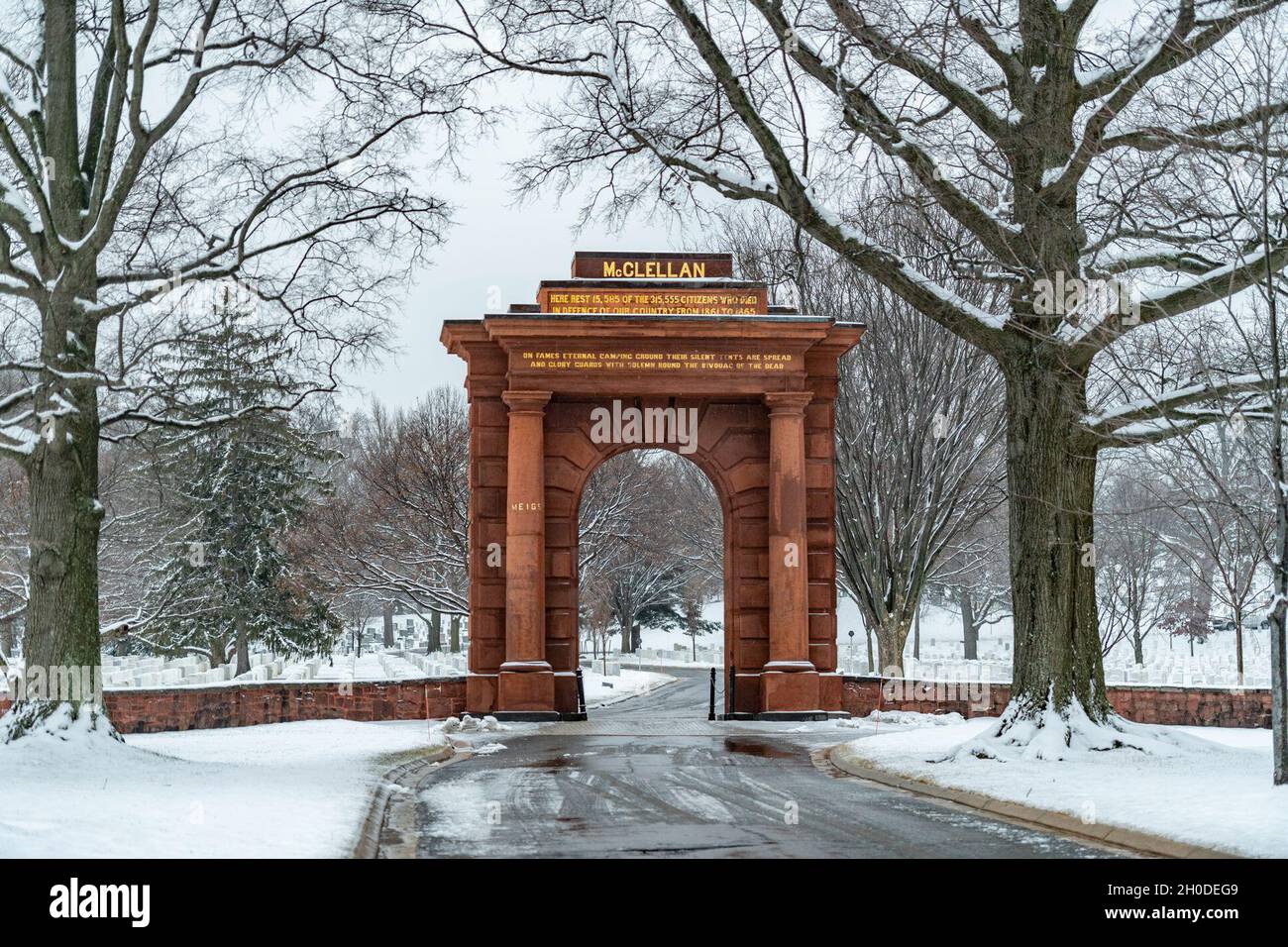McClellan Gate following a snow storm at Arlington National Cemetery ...