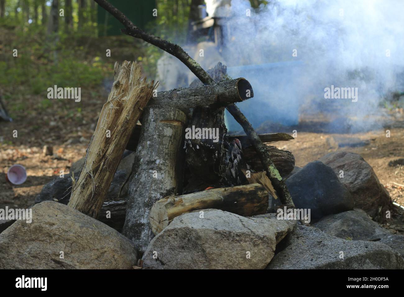 Closeup of the burnt logs of the campfire with smoke. Northern Ontario ...