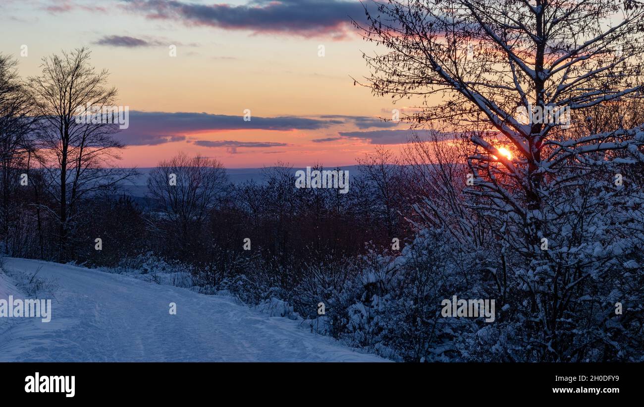 Snowy Winter Sunset in Riedenberg, Schwarze Berge, Rhön, Germany Stock ...