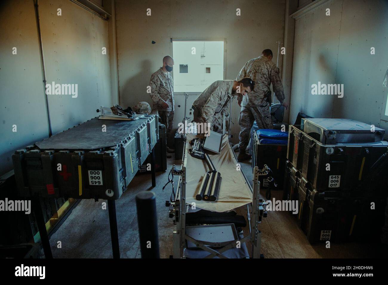 U.S. Navy Sailors assemble a forward resuscitative surgical system ...