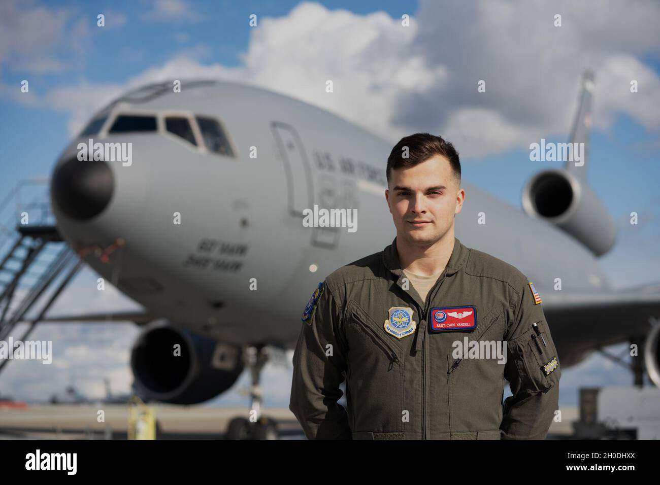 U.S. Air Force Staff Sgt. Cade Yandell, 9th Air Refueling Squadron boom ...