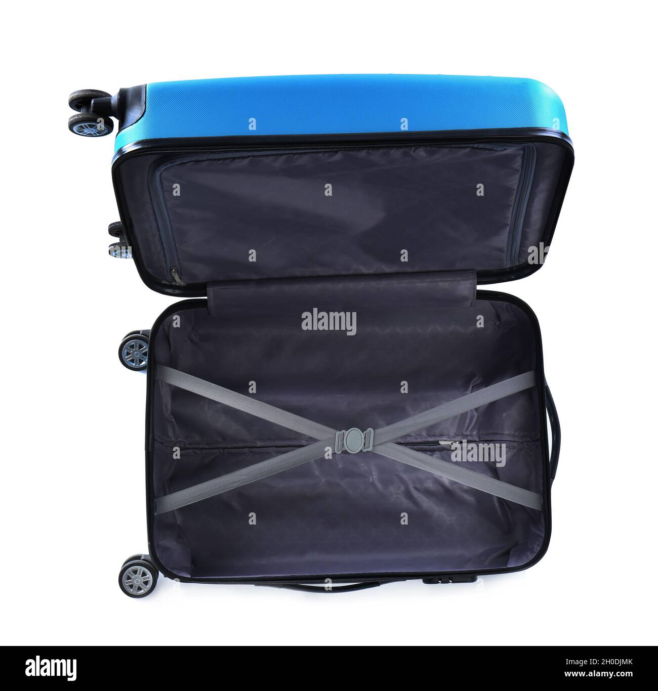 Open suitcase for travelling on white background, top view Stock Photo ...