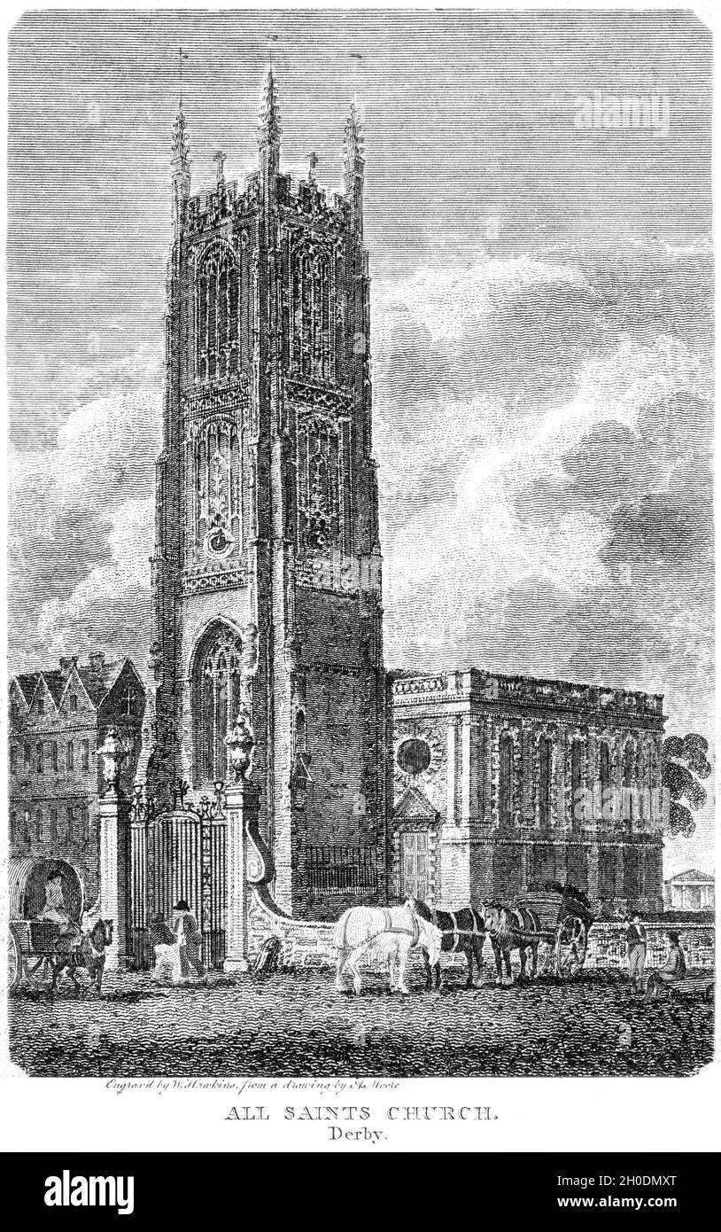 An engraving of All Saints Church, Derby UK scanned at high resolution ...