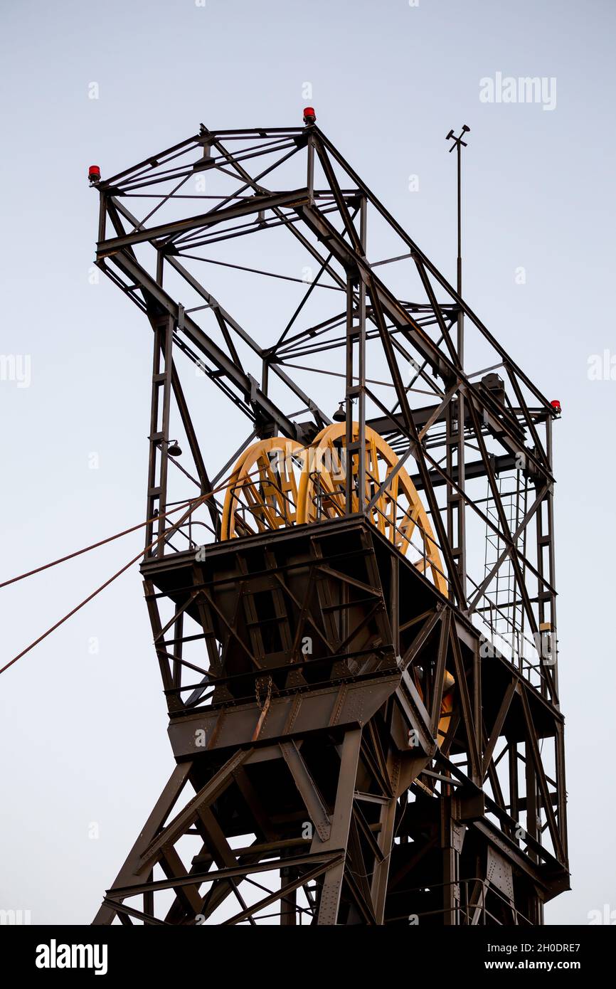 The elevator of the hoist shaft in the black coal mine. Coal mine hoist ...