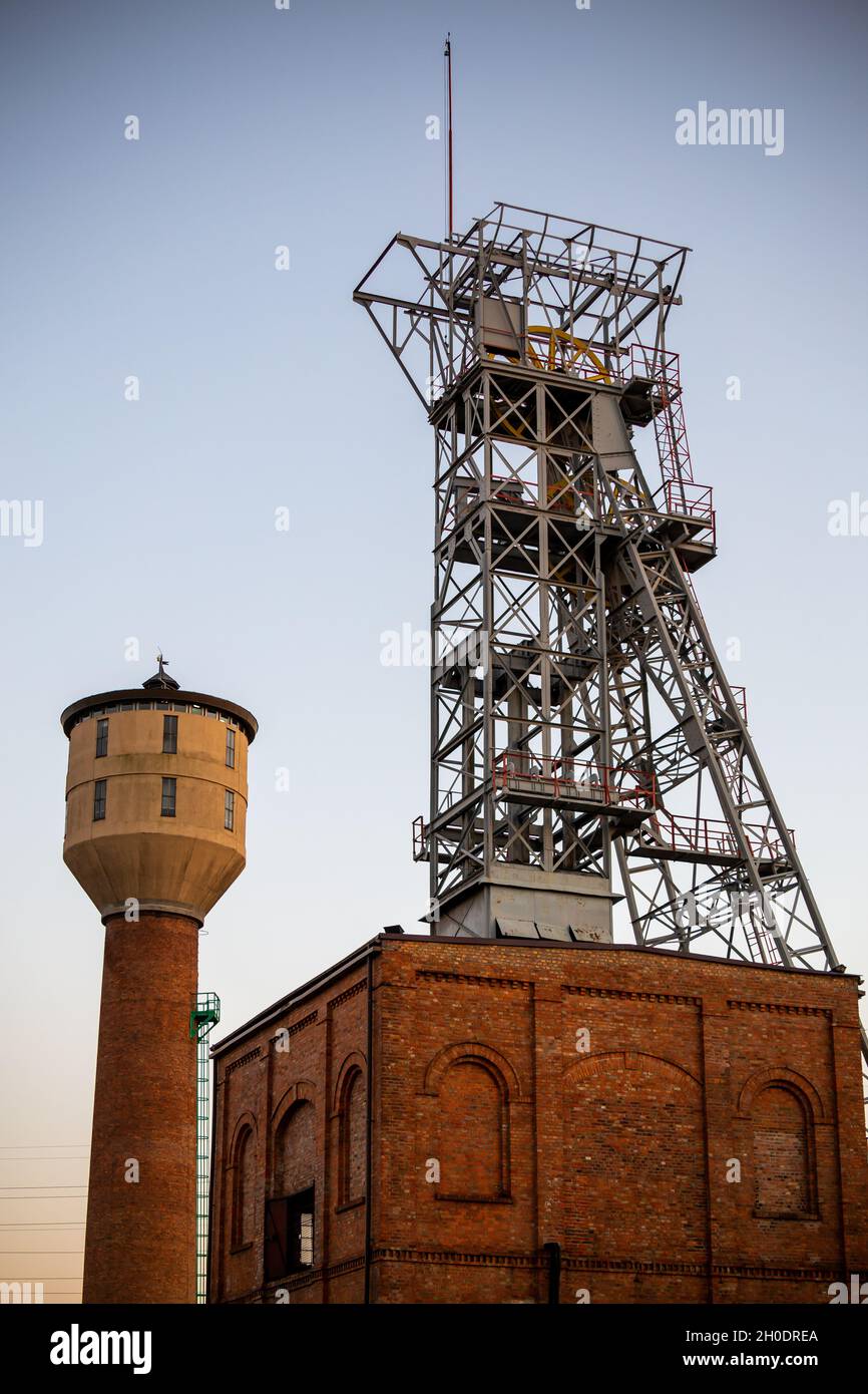 The elevator of the hoist shaft in the black coal mine. Coal mine hoist ...