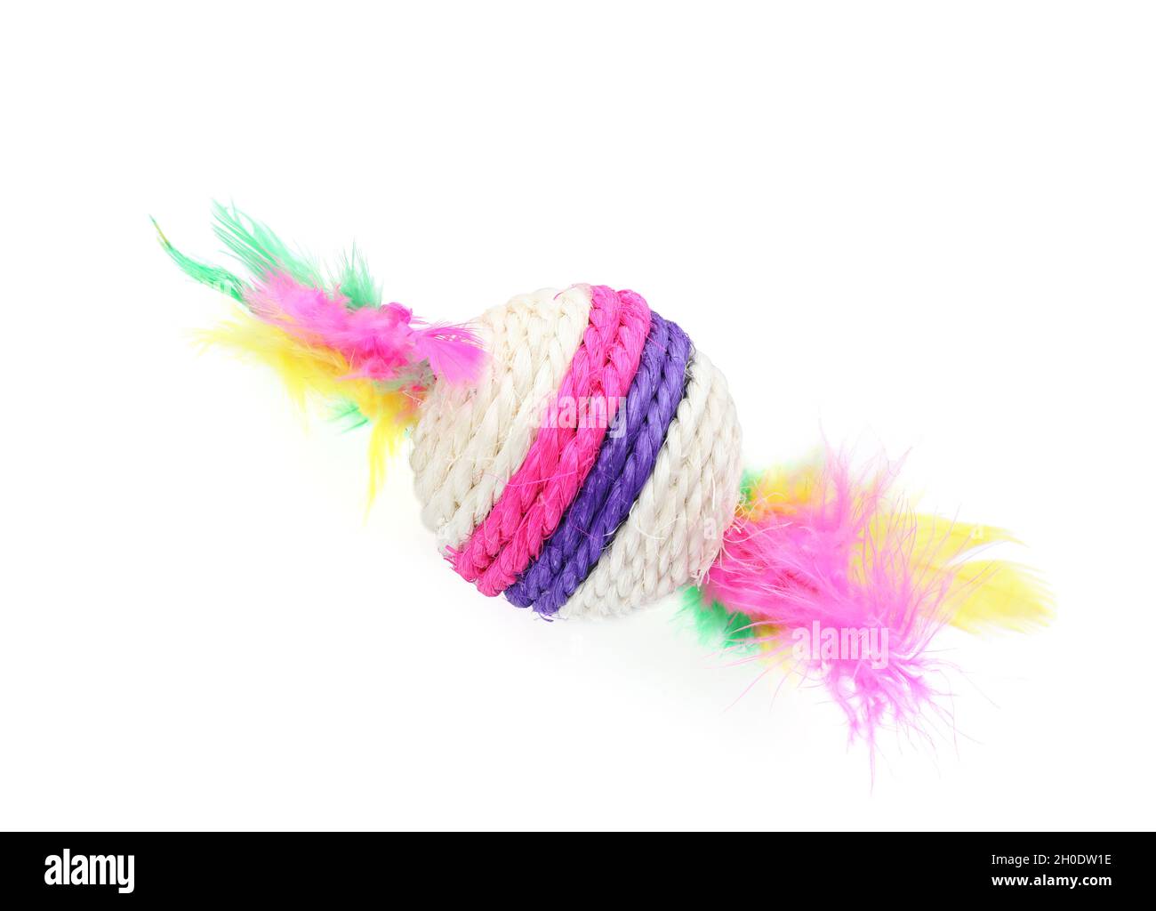 Straw toy with feathers for cat on white background. Pet accessory ...