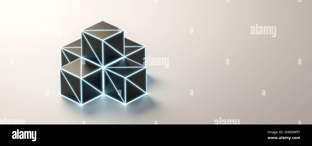 abstract wire mesh cube with blue light technology concet 3d render ...