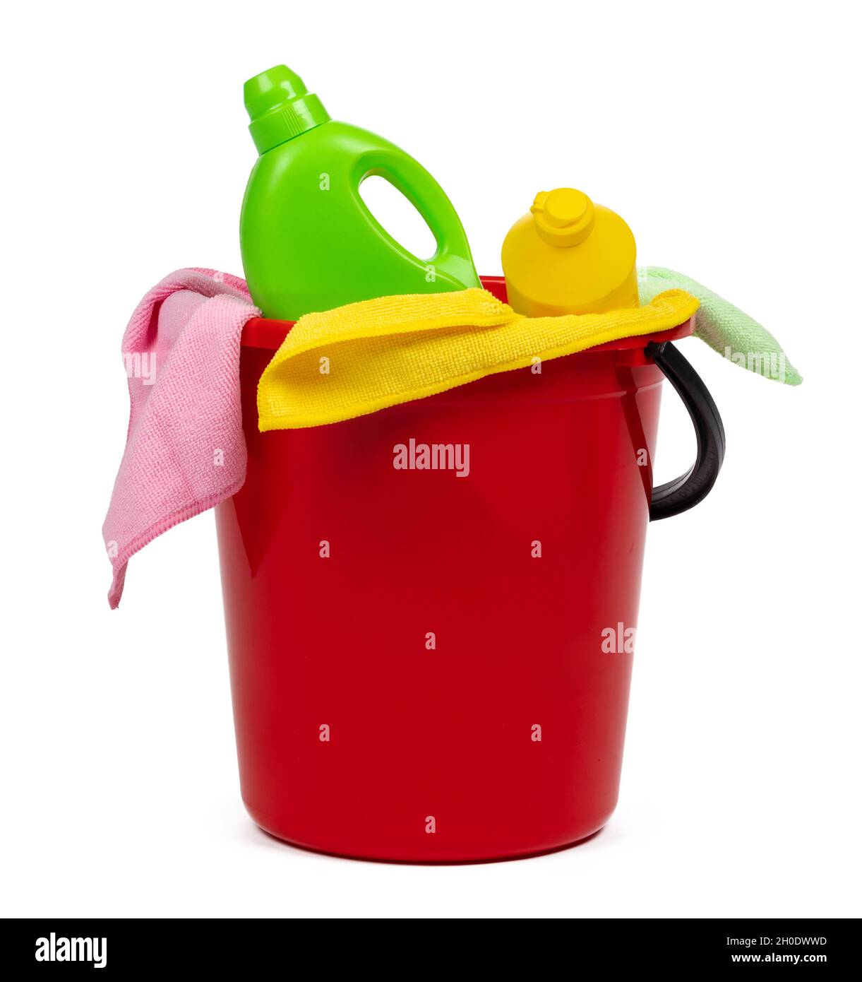 Cleaning tools and a red bucket isolated on white background Stock ...