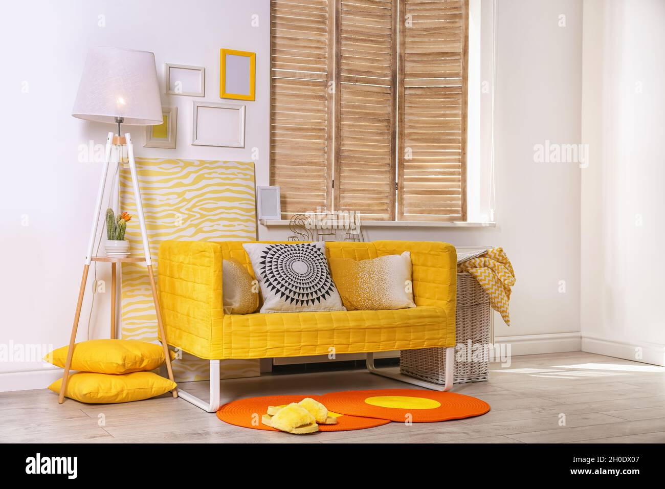 Elegant living room interior with comfortable sofa. Home design in ...