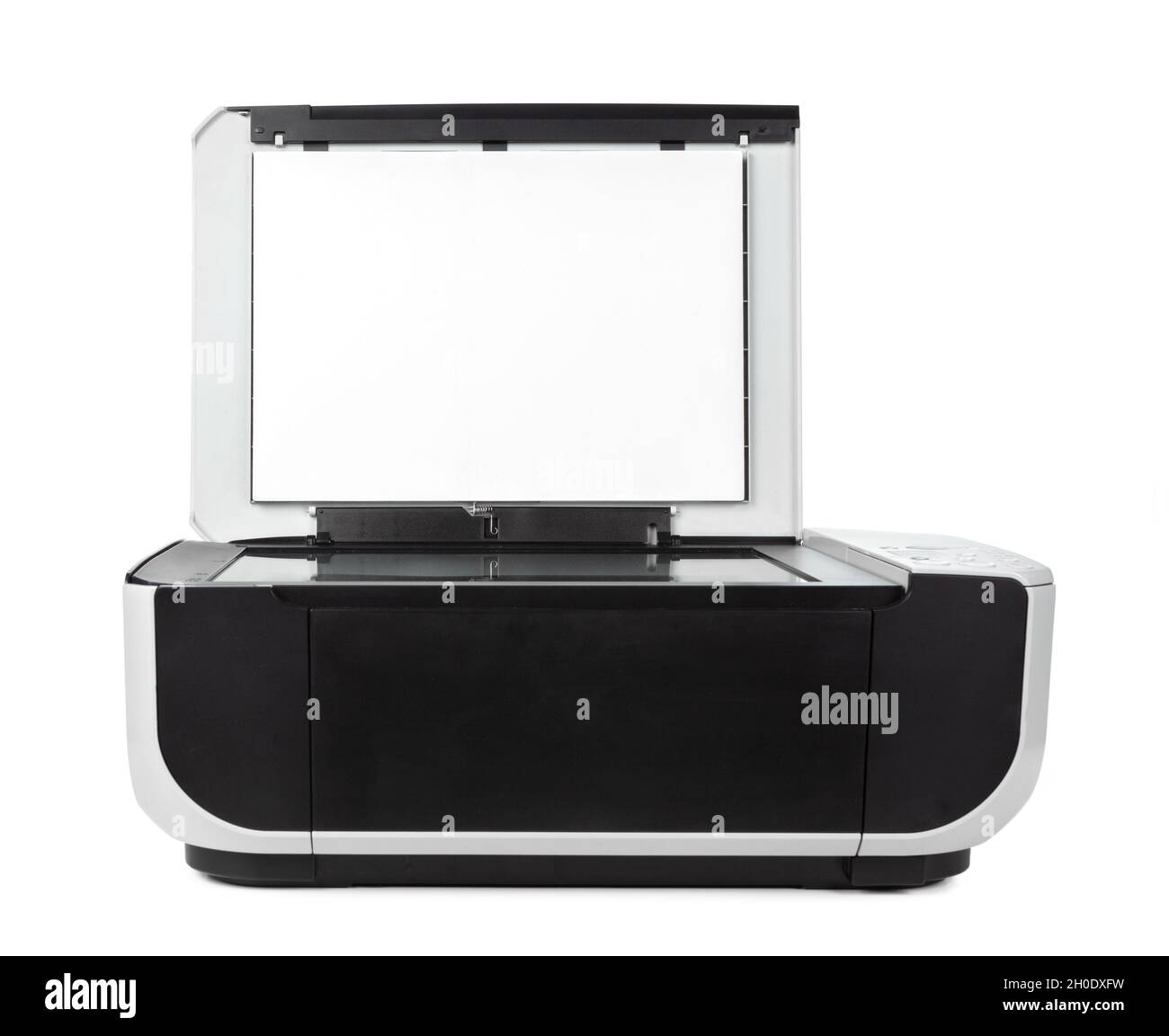 Black multi function printer isolated against a white background Stock Photo - Alamy