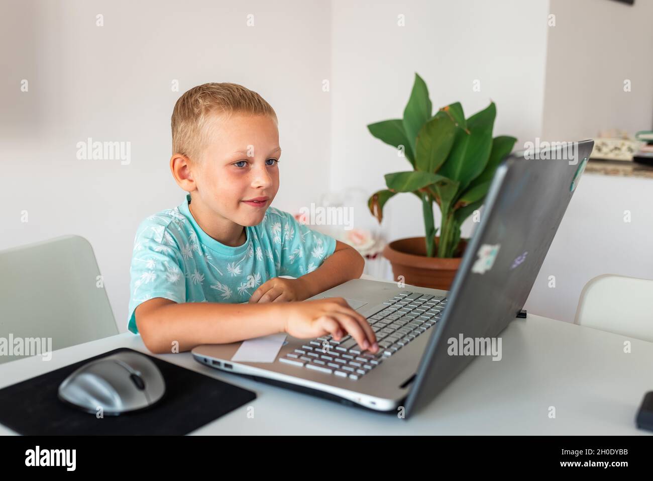 Little young school boy working at home with a laptop and class notes ...