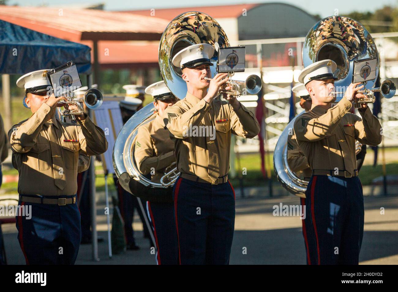 U.S. Marines with the 1st Marine Division band perform during the ...