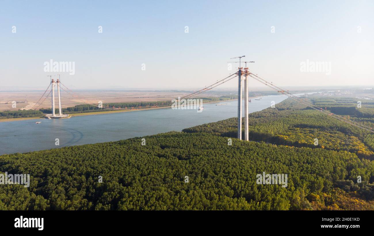 Panoramic aerial drone view from above of the suspended bridge over ...