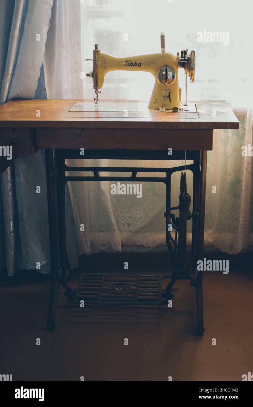 Old vintage retro sewing machine "Tikkakoski" from Finland Stock Photo ...