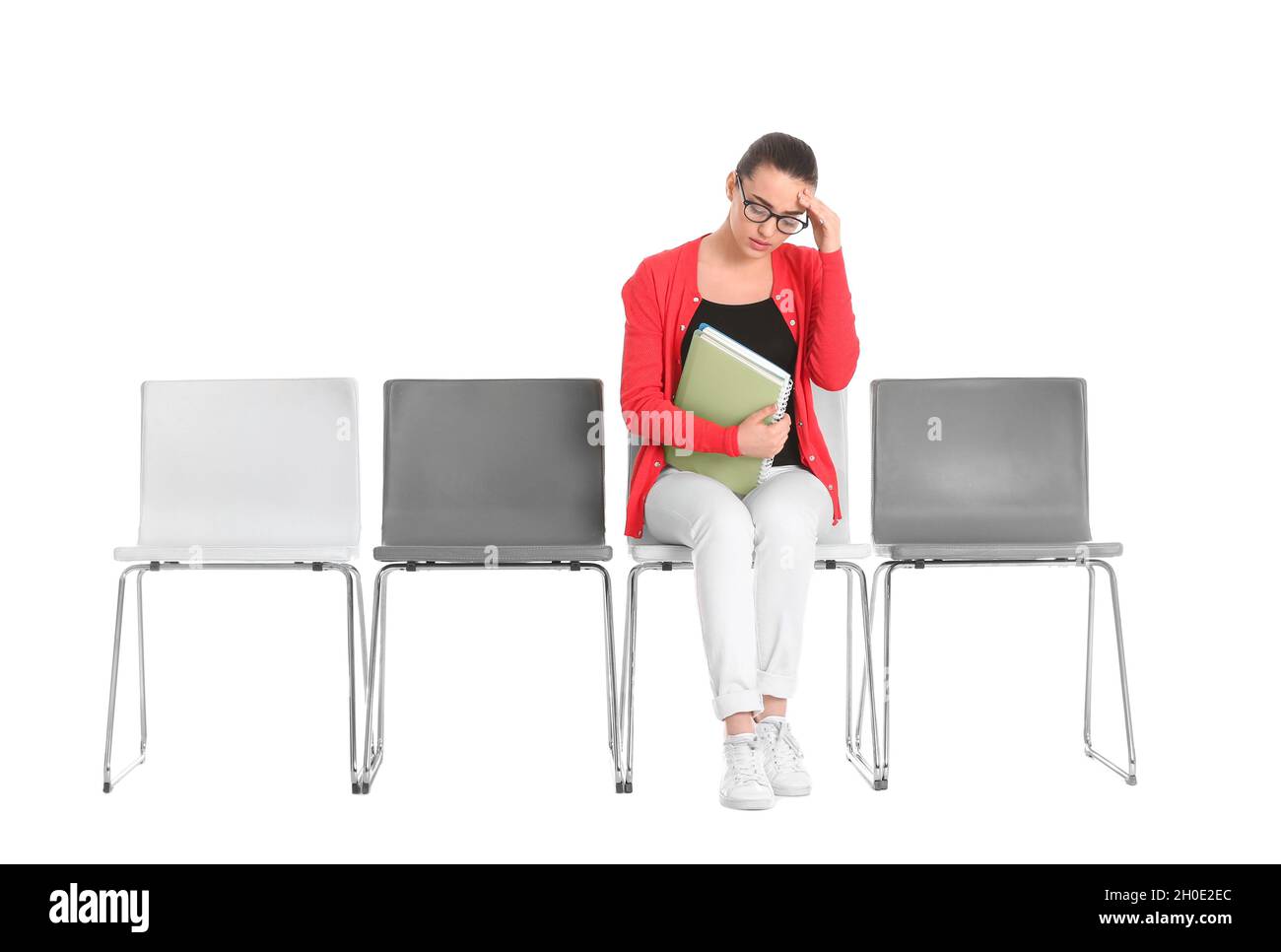 Young woman waiting for job interview on white background Stock Photo ...