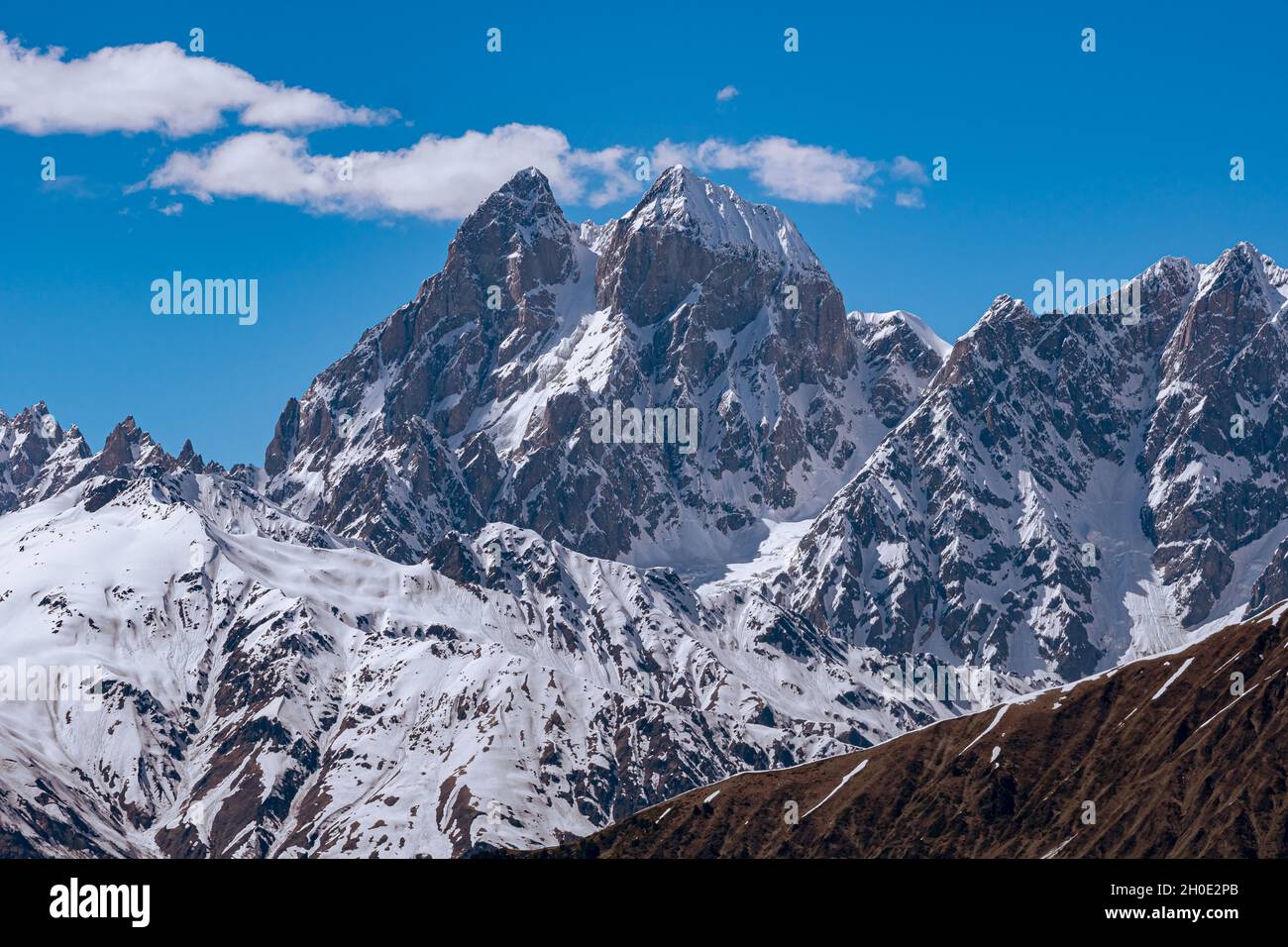 View of Mount Ushba. Ushba is one of the most notable peaks of the ...