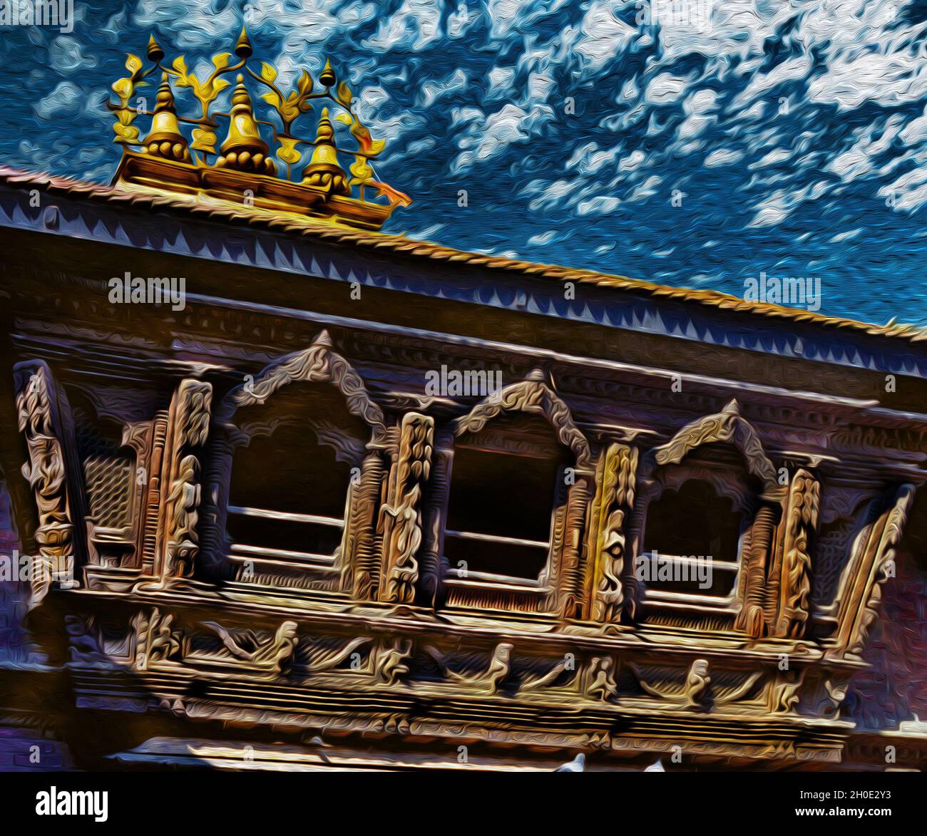 Carved wooden windows on the facade of an ancient Kathmandu building ...