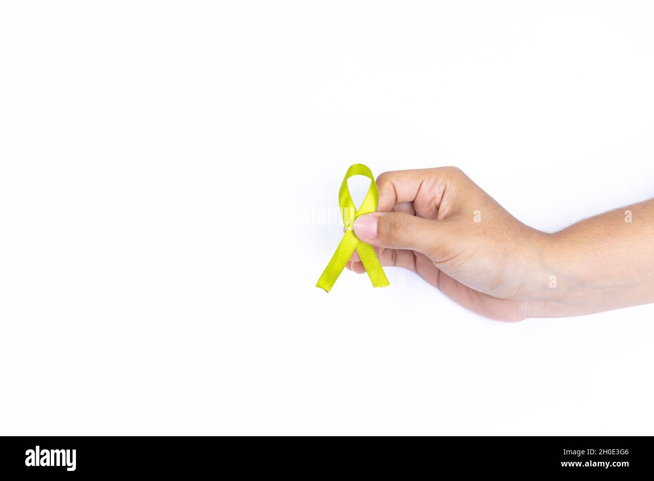 Hand holding lymphoma cancer awareness green ribbon over isolated white ...
