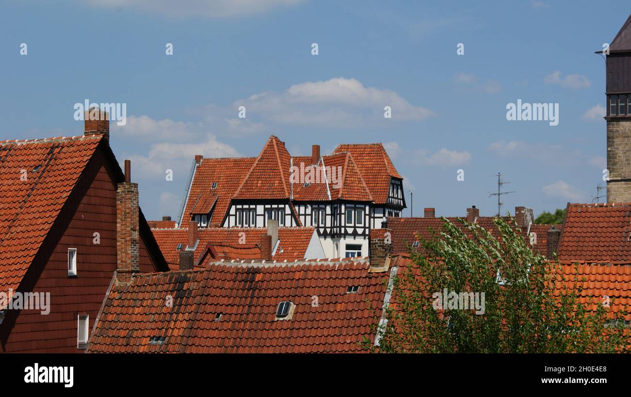 HILDESHEIM, GERMANY - Jul 27, 2008: The traditional buildings with red ...