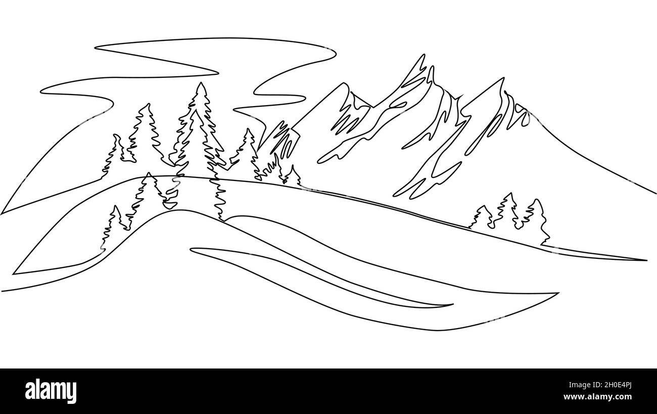 Continuous line drawing landscape, mountains and Christmas trees ...