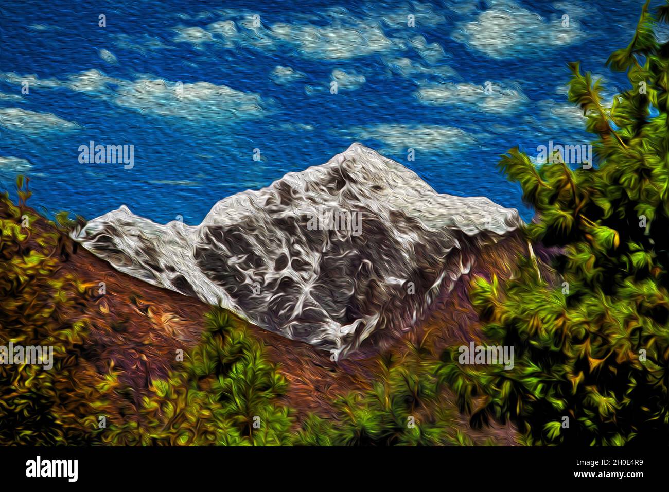 Snowy mountains and deep valleys with blue sky at the Himalaya Ridge ...
