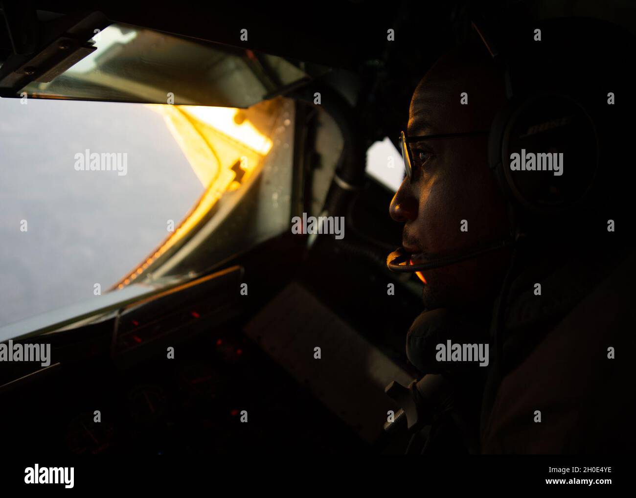 A boom operator assigned to MacDill Air Force Base, Fla. looks out of ...