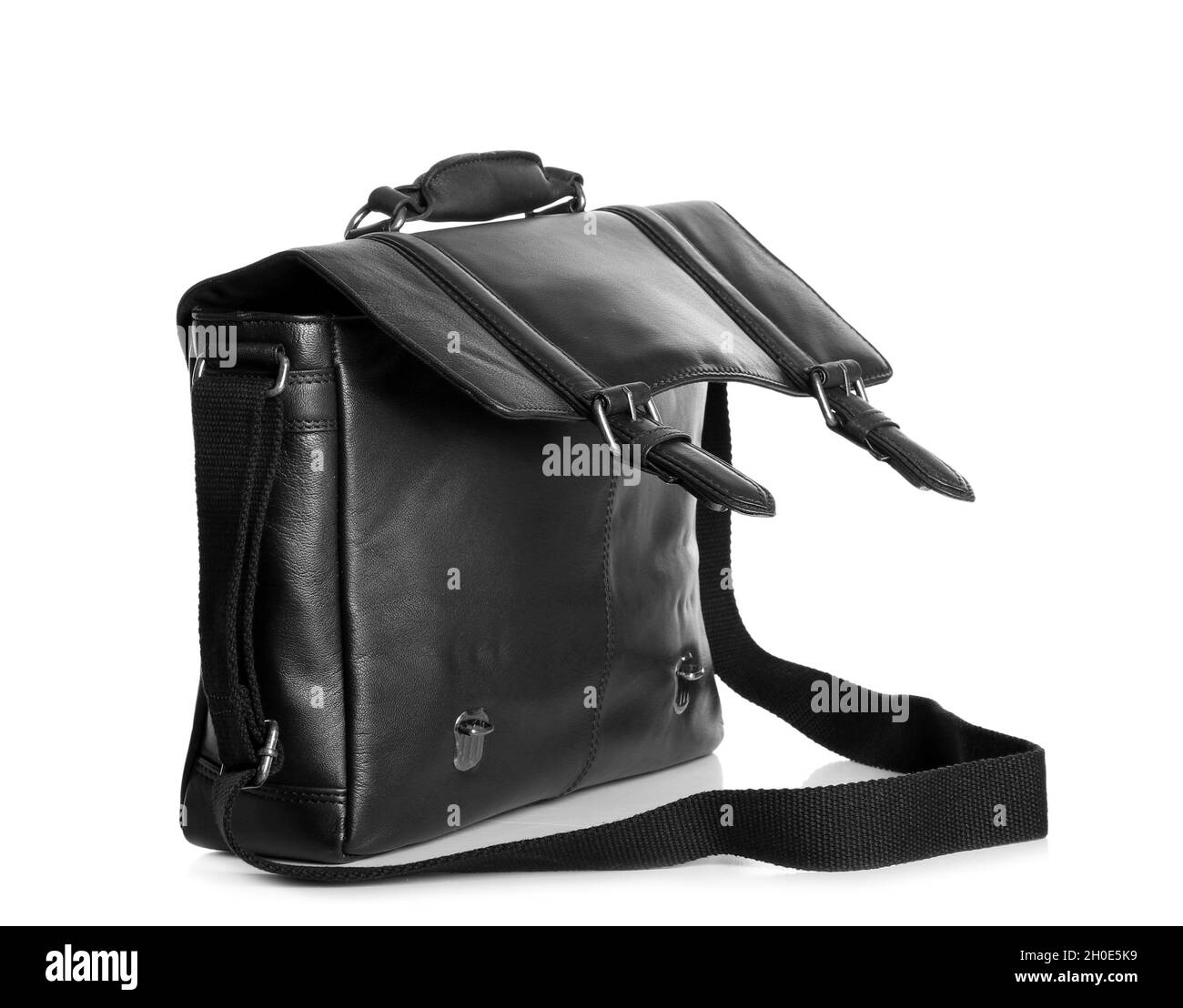 Black male leather briefcase with strap on white background Stock Photo ...