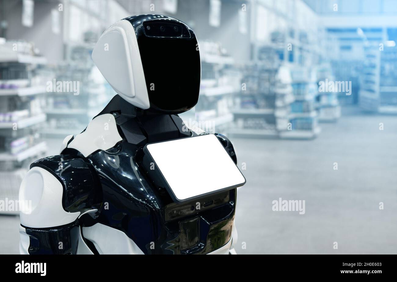 Robot with touchscreen on a background of store interior Stock Photo ...